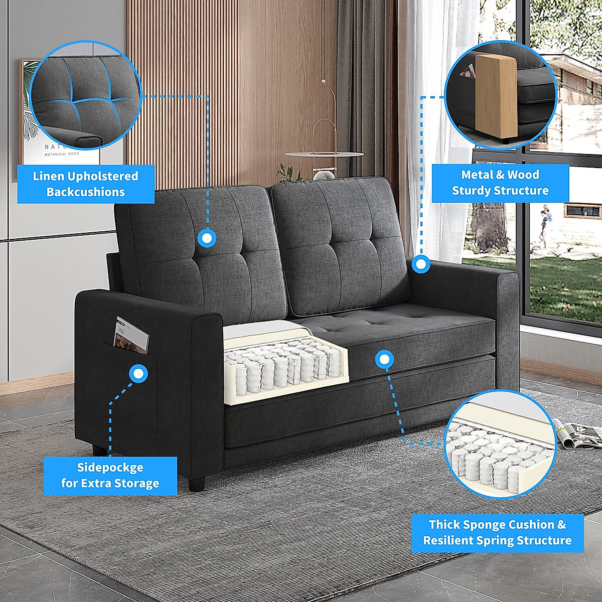 PUREMIND Floor Sleeper Sofa Bed, Upholstery 2-in-1 Pull Out Couch Bed, Loveseat Folding Futon Sofa Bed with Cushion, Convertible Floor Gaming Couch Bed for Living Room, Apartment, Office