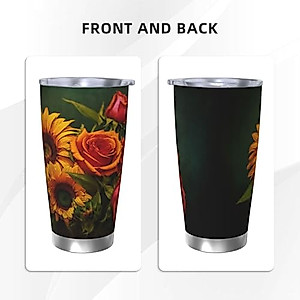 EKPRAVDKTF Sunflower And Rose 20oz Insulated Stainless Steel Tumbler With Lids And Straws, Double Wall Vacuum Travel Coffee Mug, Thermal Cup For Cold & Hot Drinks, Reusable Metal Straw & Brush