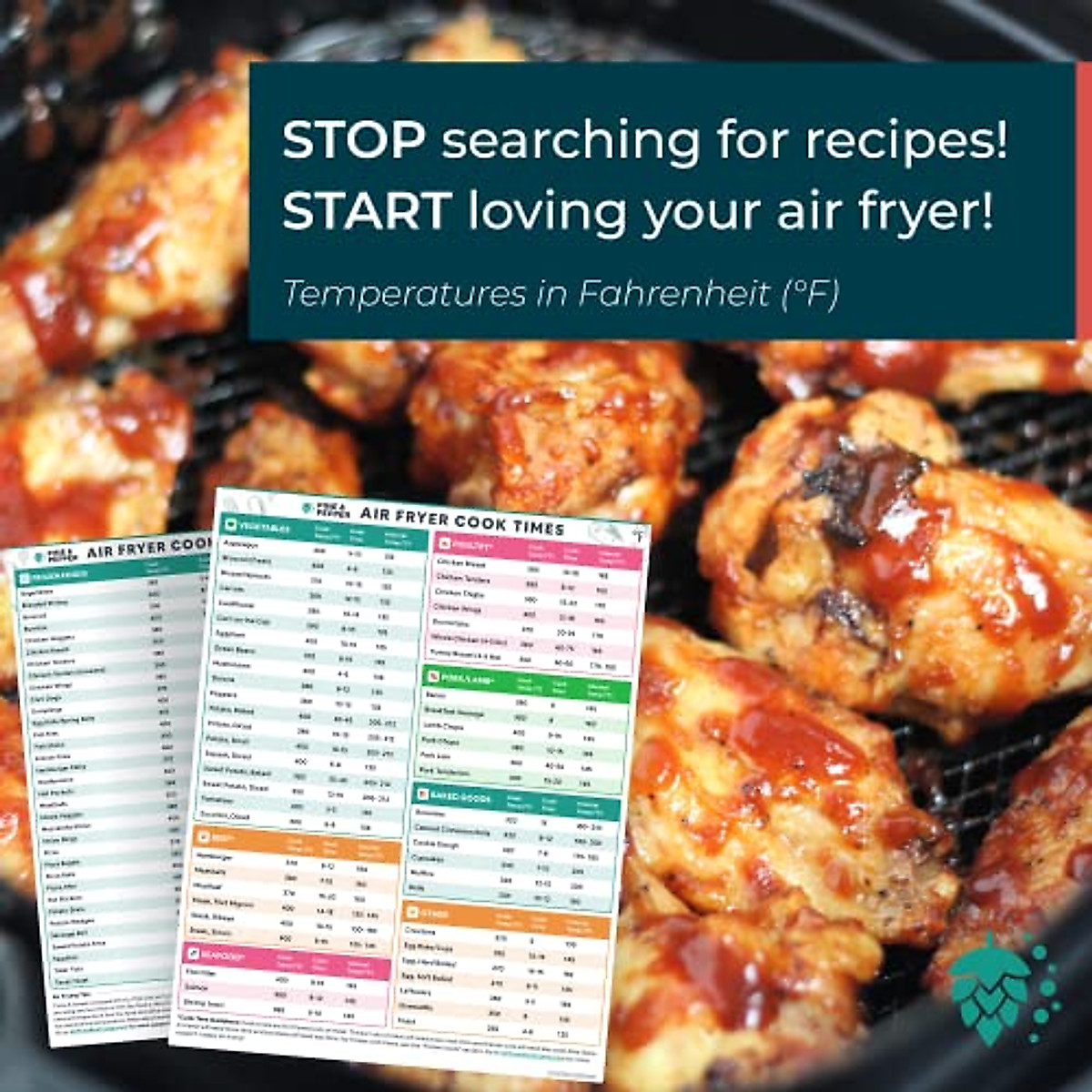 Pine & Pepper Air Fryer Magnetic Cheat Sheet | Instant Pot Accessories | Air Fryer Cooking Times Chart - Quick Reference Guide for Cooking & Frying 88 Foods, Water Resistant, Easy to Clean