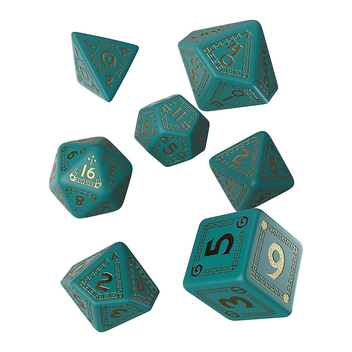 Q WORKSHOP RuneQuest RPG Dice Set 7 Polyhedral Pieces (Turquoise & Gold)