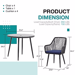Patiorama 5-Piece Patio Dining Set, Outdoor Dining Table Chair Set, All-Weather Twisted Rattan Wicker Rope Conversation Set, Patio Furniture Set w/Umbrella Hole, 4 Cushioned Chairs&Glass Table(Blue)