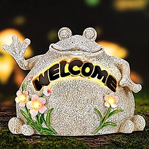 Garden Figurines Outdoor Decor - Solar Powered LED Frog Figurine with Welcome Sign for Indoor Outdoor Decorations, Patio Yard Lawn Decor, Housewarming Gift