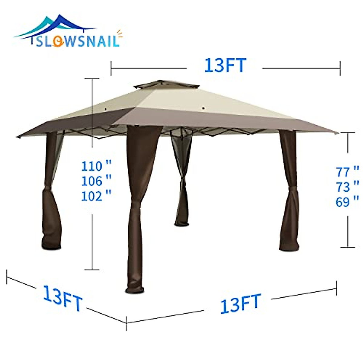 SlowSnail Outdoor Pop Up Gazebo, 13' x 13' Instant Sun Shelter Canopy Tent, Brown