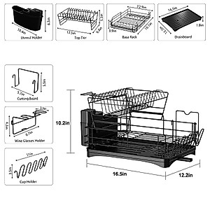 LAMSTOM Dish Drying Rack for Kitchen Organization, 2 Tier Large Dish Rack with Drainage/Wine Glass Holder/Utensil Holder, Bottle Drying Rack Drainboard Set for Countertop, Corners, Windowsills(Black)
