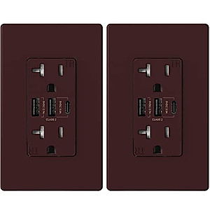ELEGRP 30W 6.0 Amp 3-Port USB Wall Outlet, 20 Amp Receptacle with USB Type C & Type A Ports, USB Charger for iPhone/iPad/Samsung/LG/HTC/Android Devices, UL Listed, w/Wall Plate, 2 Pack, Matte Brown