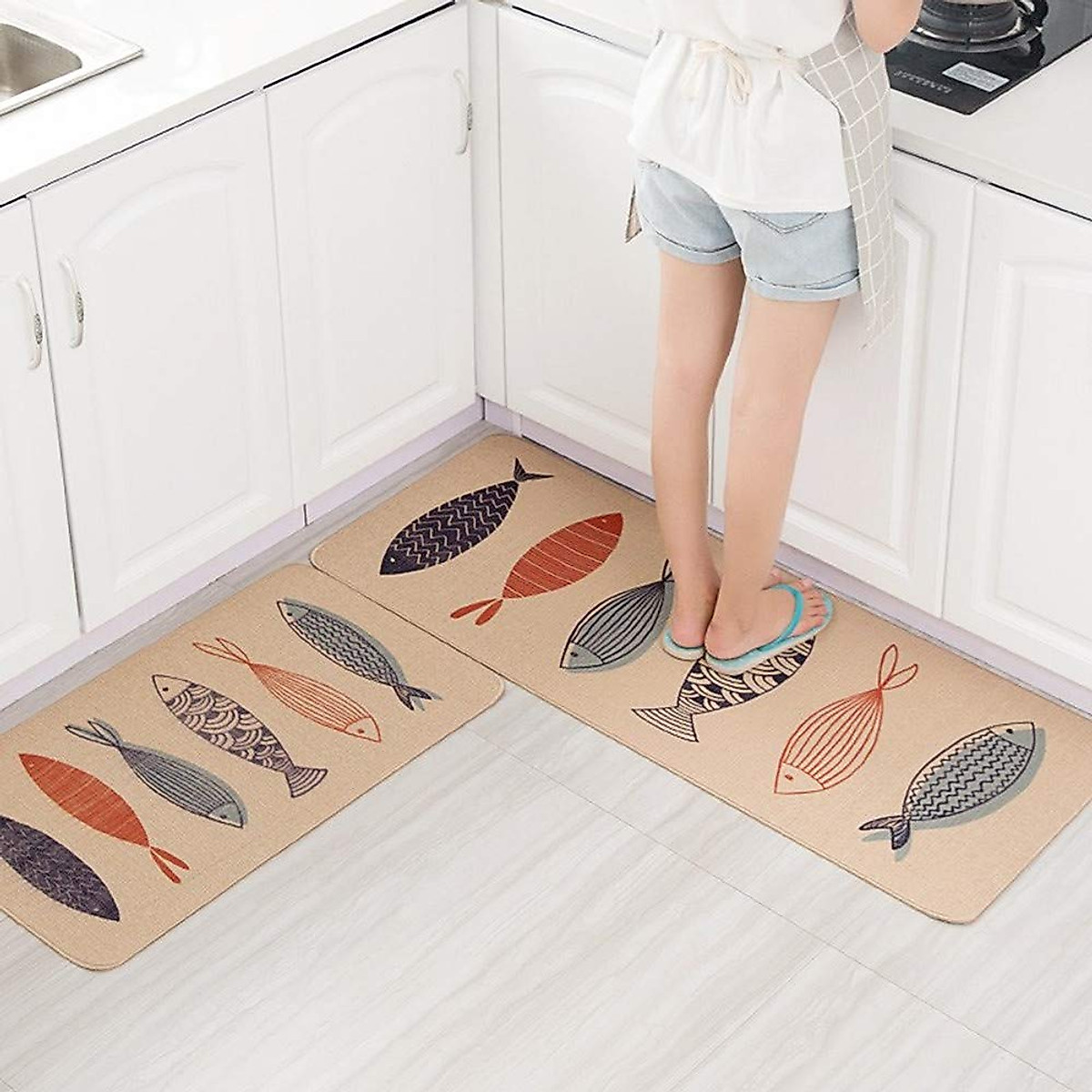 Ukeler Set of 2 Non-Slip Kitchen Rugs and Mats, Anti-Fatigue Hallway Kitchen Runner Rug Set Rubber Backing Floor Mat for Kitchen Laundry Bathroom (Fishes, 17" × 47"+17" × 29")