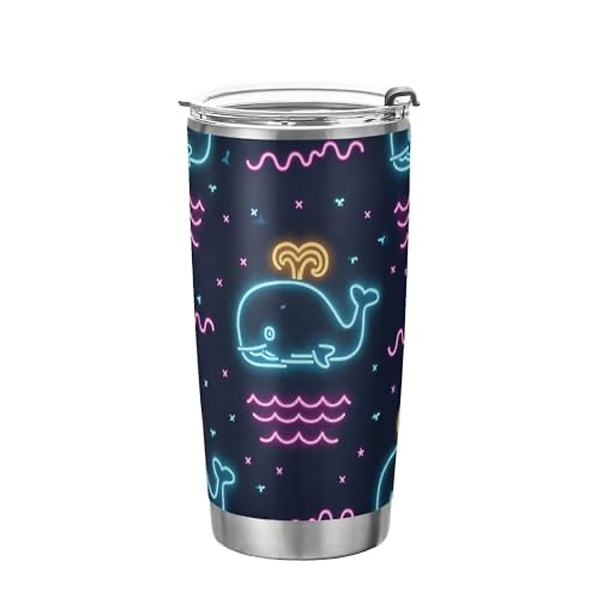 HXshaoye Summer neon Whale wave black Stainless Steel coffee cups with lids with Straw Lid travel mug with lid for Water, Iced Tea or Coffee Aesthetic 20oz coffee mug vaso para agua 20oz