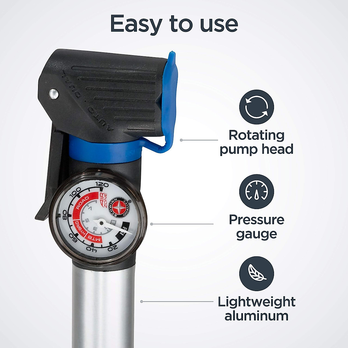 Schwinn Air Sport Plus, Bike Frame Hand Pump with Rotating Pump Head, Pressure Gauge, Pumps 120 Max PSI, Dual Head Fits Schrader and Presta Valve Types, Silver