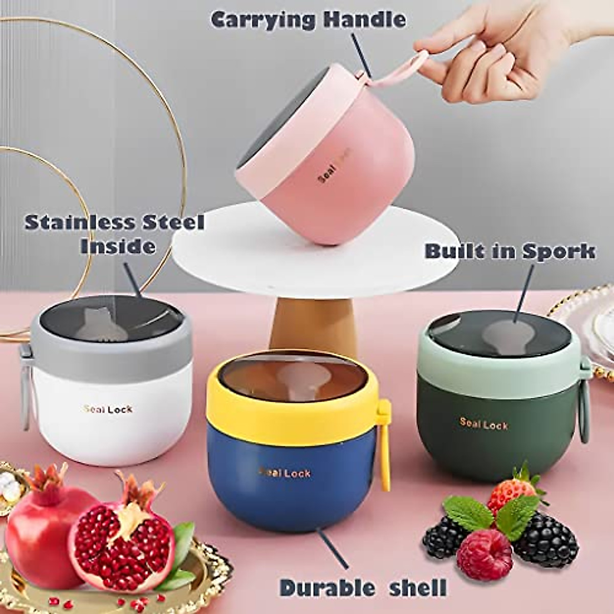 (White) 21oz Stainless Steel Insulated Food Thermos with Lids and Spork for Hot and Cold Food, Overnight Oats Container for, Food Storage Container, Meal Prep Container, Soup Thermos,