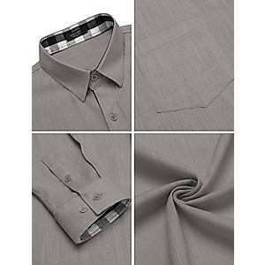 COOFANDY Mens Shirt Casual Linen Dress Plaid Collar Button Down, Grey, Large, Long Sleeve