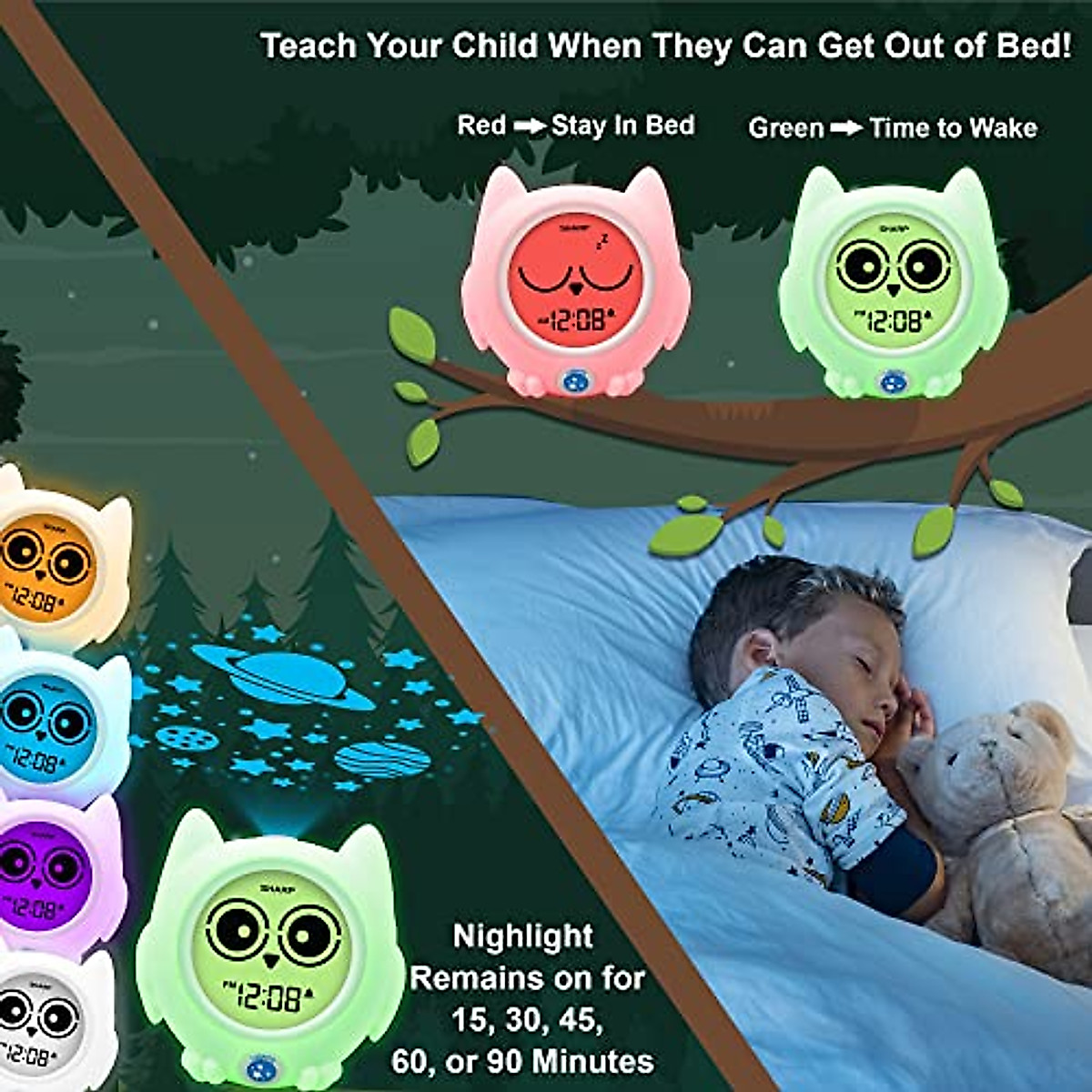 SHARP Ready to Wake Owl Sleep Trainer, Kid’s Clock for Ready to Rise, Ceiling Projection Nightlight and “Off-to-Bed” Feature – Simple to Set and Use!