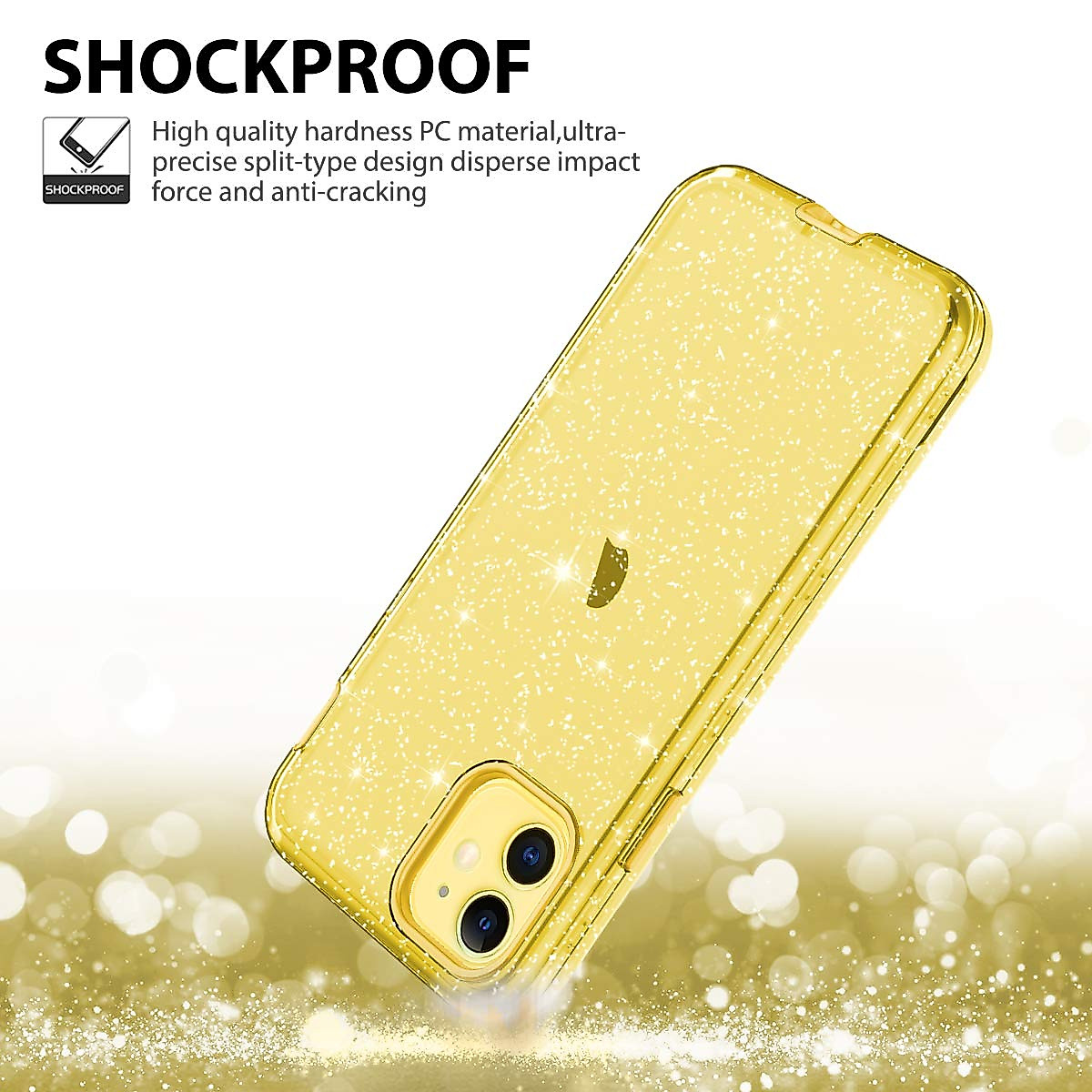 Lamcase iPhone 11 Crystal Clear Glitter Bling, Hybrid 3-Layer Shockproof Protective Cover, Yellow/Silver - 6.1" 2019