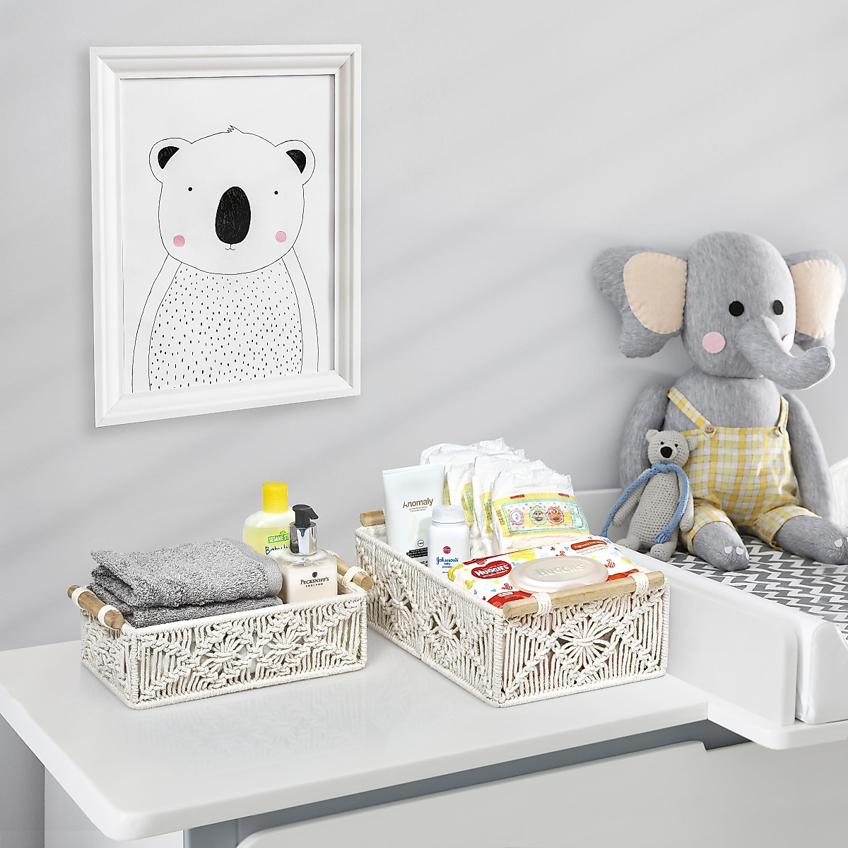 Sorbus Macrame Boho Decor Baskets - 2 Decorative Gift Baskets for Nursery, Baby Room, Toilet Tank Top - Lined Baby Basket Set for Organizing Changing Station, Linens, Clothes, Diapers, Toiletries