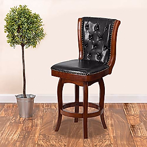 Flash Furniture 26'' High Cherry Wood Counter Height Stool with Button Tufted Back and Black LeatherSoft Swivel Seat