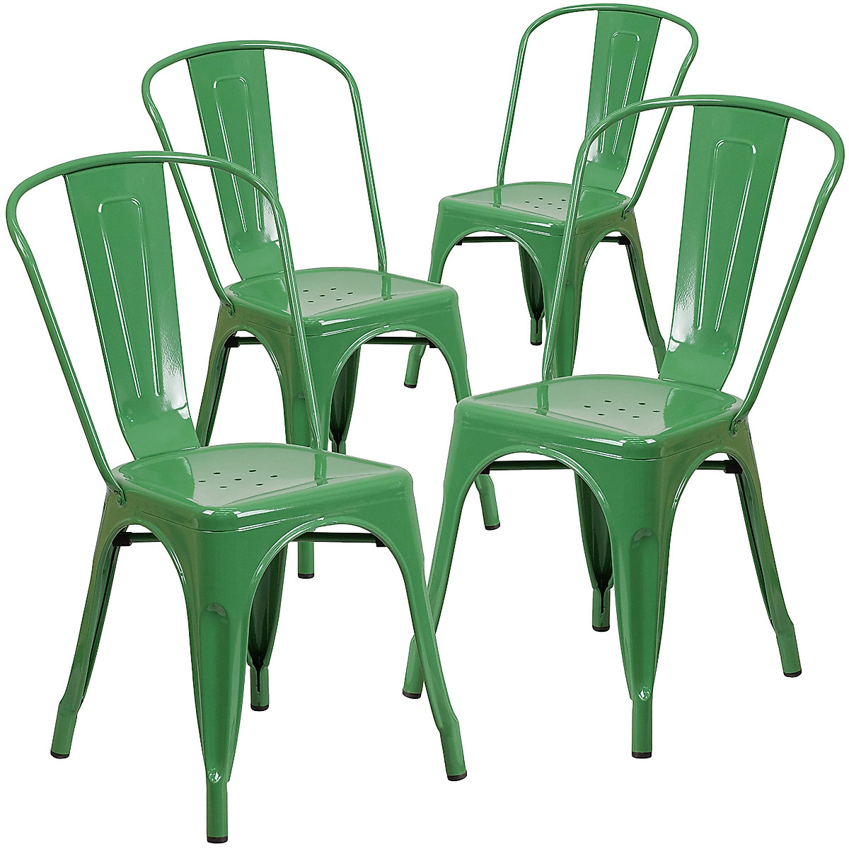 EMMA + OLIVER 4 Pack Green Metal Indoor-Outdoor Stackable Chair - Restaurant Chair - Bistro Chair