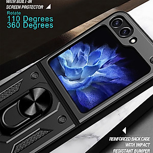 Ephoou Phone Case for Samsung Galaxy Z Flip 5 5G for Men, Heavy Duty Protective with 360° Finger Ring Stable Kickstand Case for Samsung Galaxy Z Flip5 5G SJ-Black