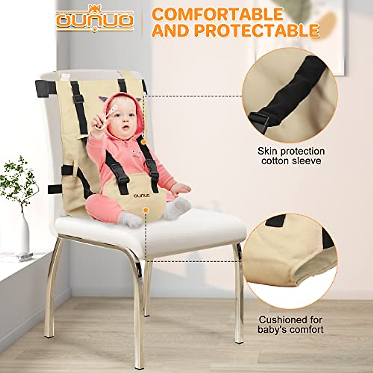 Portable High Chair, OUNUO Travel Harness Seat for Toddler and Babies, Travel High Chair Essential Accessories Washable Cloth Harness Chair for Infant Feeding, Foldable Baby Chair Seat Belt
