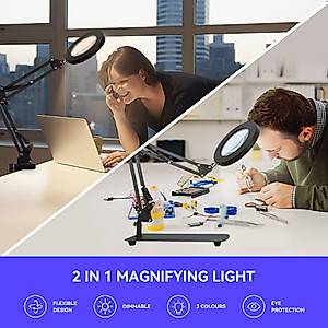 2-in-1 Magnifying Glass with Light and Stand,10X Magnifying Lamp with 3 Color Modes,Dimmable LED Lighted Magnifier Lamp & Clamp for Repair Reading,Crafts,Painting,Close Works