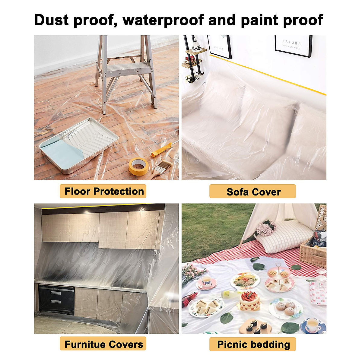 Muf 9 x 65 Feet Plastic Drop Cloth Plastic Sheeting with Masking Tape,Waterproof Protective Masking Film,Prevent Dust Paint for Car,Furniture,Carpet,Floor,1 Pack