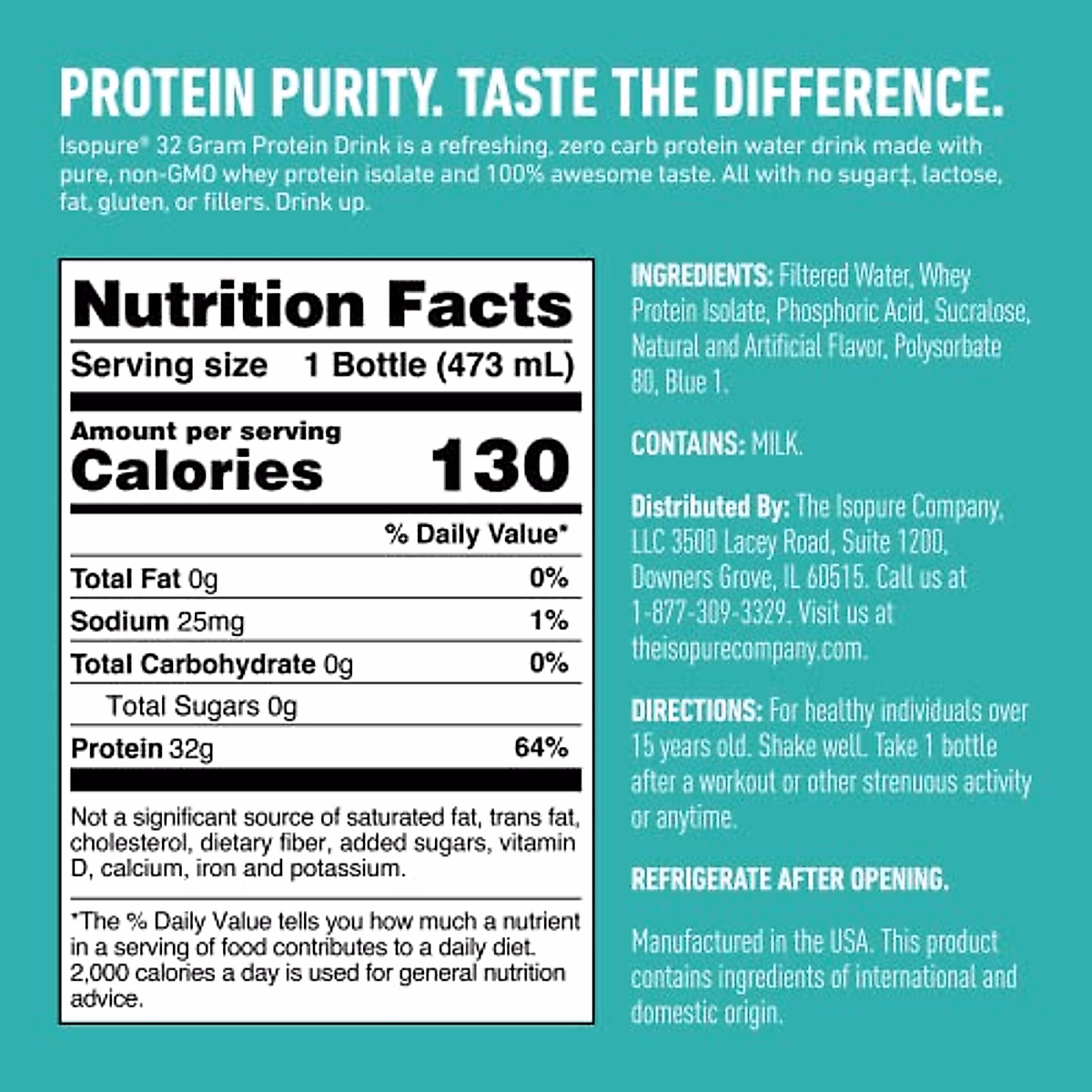 Isopure Zero Carb 32g Protein Ready-to-Drink, Whey Protein Isolate, Blue Raspberry, 16 Fl Oz (12 Bottles)