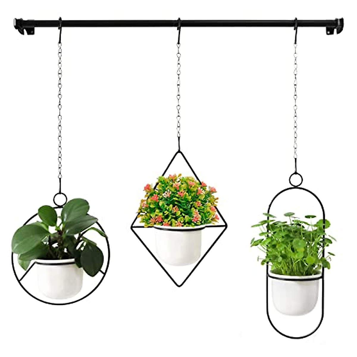 Hanging Planters for Indoor Plants Holder - Window Plant Hanger Indoor with 3 Ceramic Pots Wall Ceiling Home Office Outdoor Herb Garden Decor