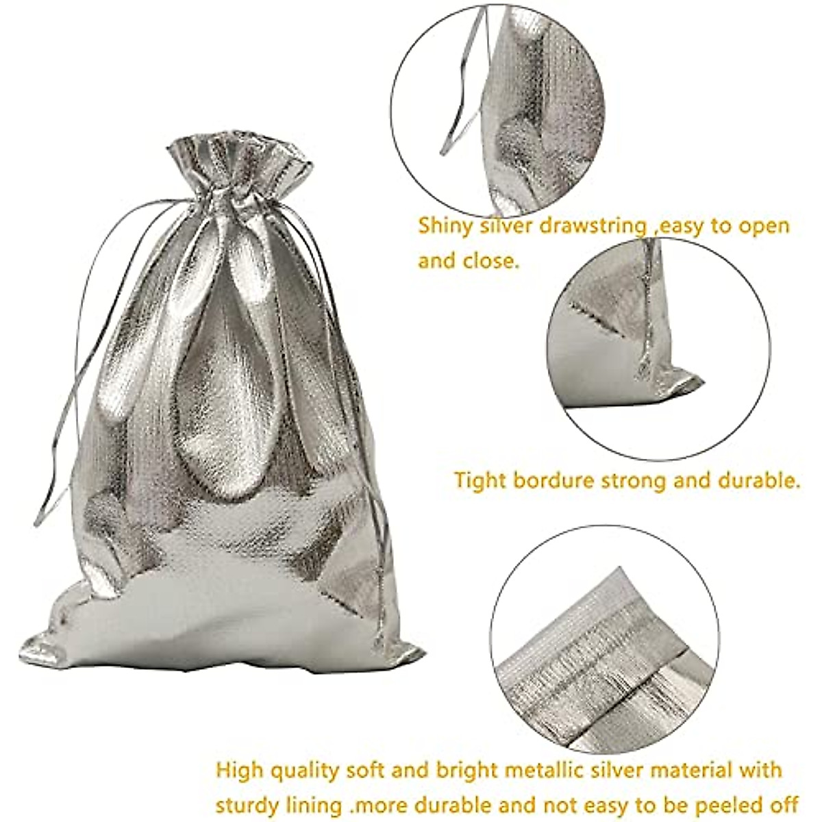 BEAVOING Pack of 50 5"x 7" Heavy Duty Silver Drawstring Organza Jewelry Pouches Wedding Party Christmas Favor Gift Candy Chocolate Bags(Silver, 5"x 7")