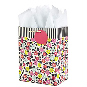 Hallmark 9" Medium Gift Bag with Tissue Paper (Flowers and Stripes) for Birthdays, Mother's Day, Baby Showers, Bridal Showers, Weddings or Any Occasion