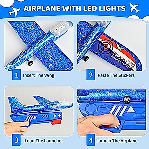 3 Pack Airplane Launcher Toy, 2 Flight Modes LED Foam Glider Catapult Plane Toy with 3 DIY Stickers for Boys, Outdoor Flying Toys for Boys Girls for 4 5 6 7 8 9 10 12 Year Old Kids Birthday Gifts