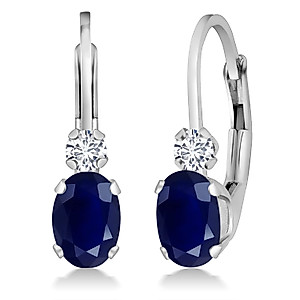 Gem Stone King 14K White Gold Blue Sapphire and White Diamond Leverback Earrings For Women | 1.17 Cttw | Gemstone September Birthstone | Oval 6X4MM, Round 2MM | 3/4 Inch
