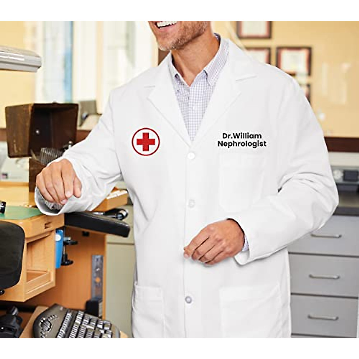 Personalized Embroidered Lab Coat for Men 41 Inch Add Your Name Text Logo Custom Medical Laboratory Coat White