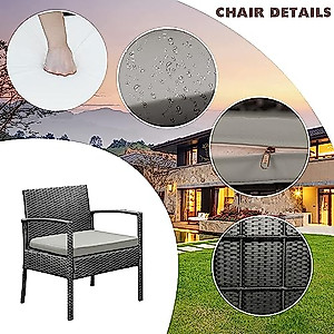 Tappio Outdoor Furniture 3 Piece Patio Bistro Furniture Set, Rattan Conversation Chairs Set with Side Table and Cushions, Porch Set Patio Furniture Set for Balcony Garden Yard, Gray