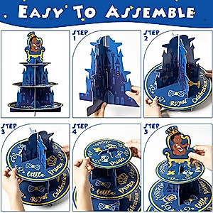 Haooryx Royal Prince Cupcake Stand Decorations 3 Tier African American Little Prince Cupcake Tower Cardboard Black Boys Crown Castle Dessert Holder for Boy Birthday Party Baby Shower Supplies