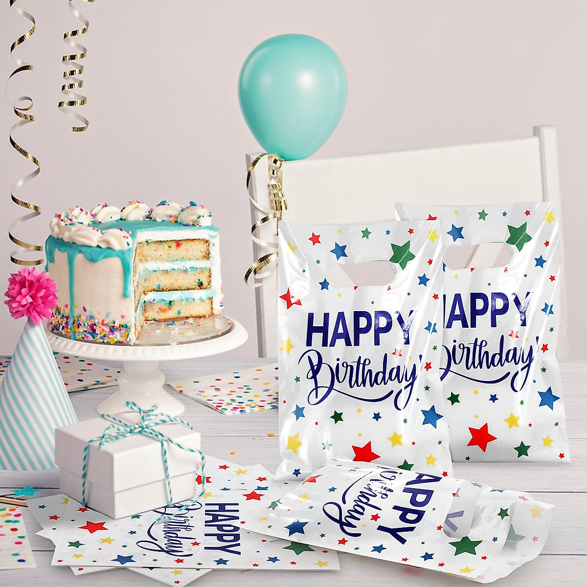 Hxezoc 50 Pieces Birthday Candy Bags Happy Birthday Goodie Bag Plastic Treat Bags Gift Wrap with Handles Favor Bags For Birthday Party Decoration Supplies (White)