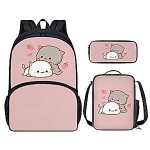 HELLHERO Kawaii Strawberry Cat Backpack for Girls 4Th 5Th 2Nd Grade School Bag Sets Middle School Schoolbag with Lunch Box Pencil Case Elementary Kindergarten Preschool Bookbag