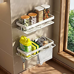 JIAJIAHAO Bathroom Shower Organizer, Adhesive Shower Caddy with Soap Holder and Hooks, No Drilling Wall Mounted Shower Shelf for Inside Shower, Bathroom, Dorm, Kitchen, 5-Pack, White