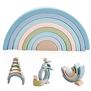 Macabaka Silicone Rainbow Stacker Nesting Puzzle Building Blocks Stacking Toys, Boho Baby Toys, 10 Pcs Educational Toys Learning Montessori Toys for Toddlers Kids, BPA-Free, Brown Series