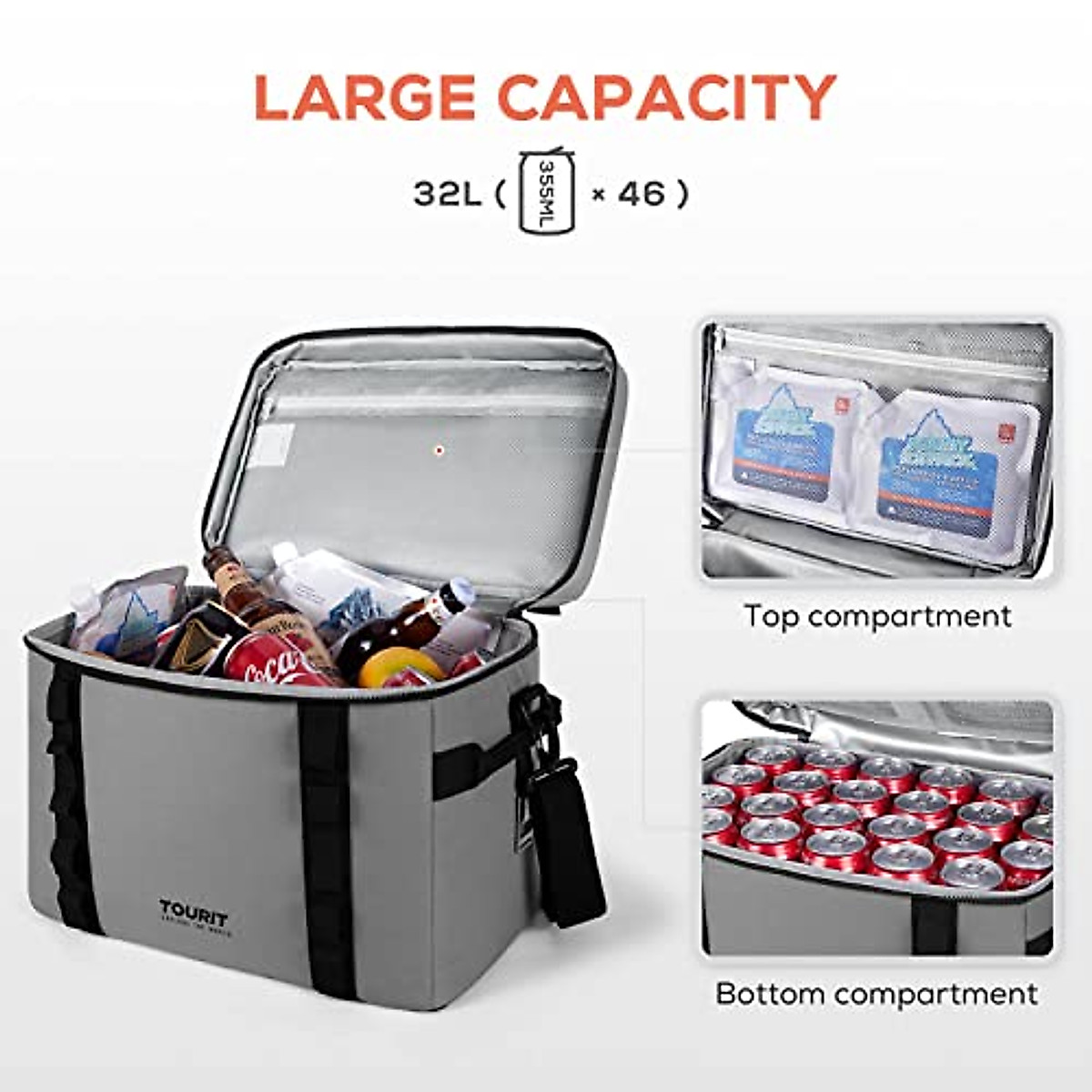 TOURIT Cooler Bag 46-Can Large Collapsible Cooler Bag 32L Insulated Leakproof Coolers for Picnic, Beach, Work, Trip