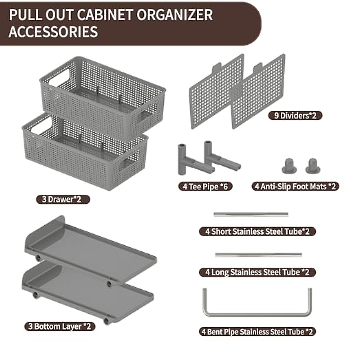 Bathroom Organizers and Storage, 2 Pcs 3 Tier Under Sink Organizer, Medicine Cabinet Organizers With Dividers, Pull Out Cabinet Organizer, Bathroom Cabinet Organizer and Storage, Kitchen Storage Grey