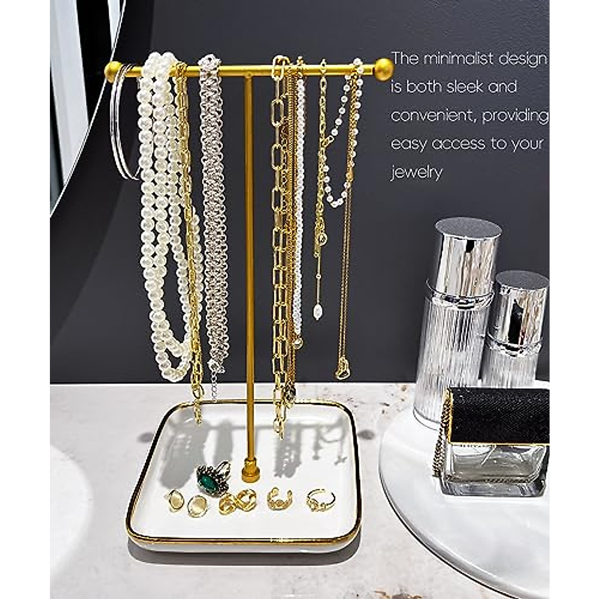 VROOMIUM Necklace Holder- Ceramic Base 1ft Height Jewelry Organizer Stand, Aesthetic Jewelry Hanger Display for Necklaces, Bracelets, Rings, Exhibidor de Collares-Classic White