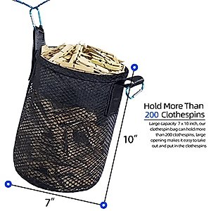 KOOZTI Mesh Clothespin Bag Holder Outside, Multiple Hanging Methods Clothes Pin Bag with Drawstring Closure, Ventilation and Moisture Resistance, Large-Capacity Clothespin Storage Organizer with Hooks