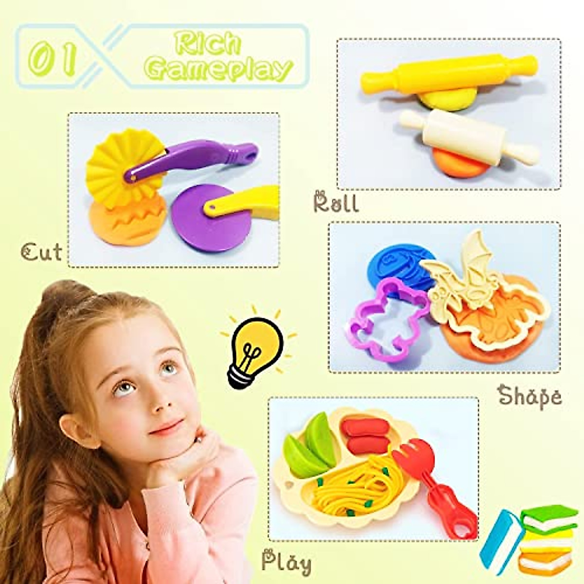 Jaeespon Dough Play Tools for Kids-40pcs Dough Sets with Dinosaur Fruit Roller Cutter Scissor and Various Plastic Accessories Molds, Best Toys Gift for Age 2-8
