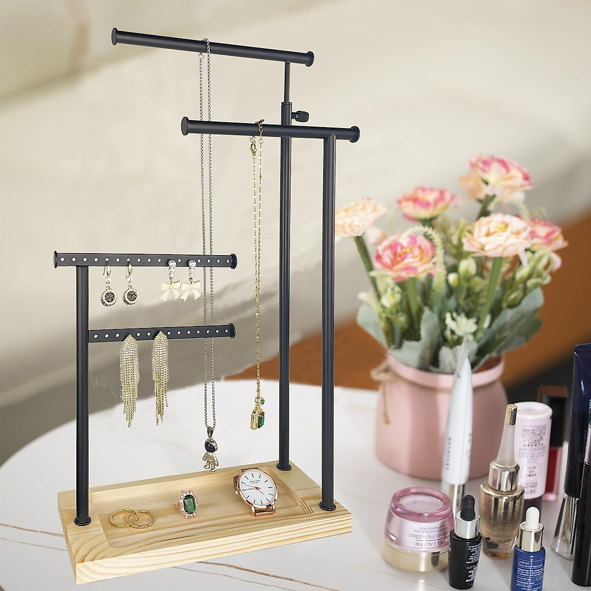 lengnoyp Premium Jewelry Stand, 4-Tier Storage Necklace Holder Stand, Earring Holder AdjustableTall 20I N (Max), Jewelry Organizer for Necklace, Bracelet, Earring, Black
