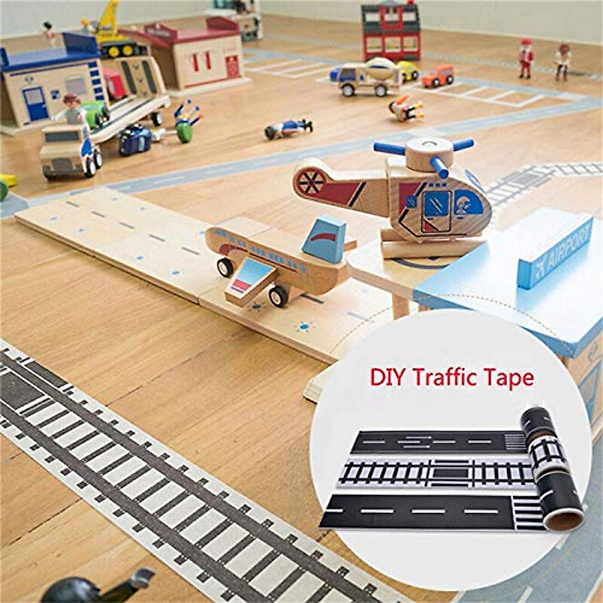 Race Car Track Road Tape Kids Toy Car Party Tape-Sticker Roll for Cars Track and Train Sets, Stick to Floors and Walls, Quick Cleanup (Railway, 2 Rolls)