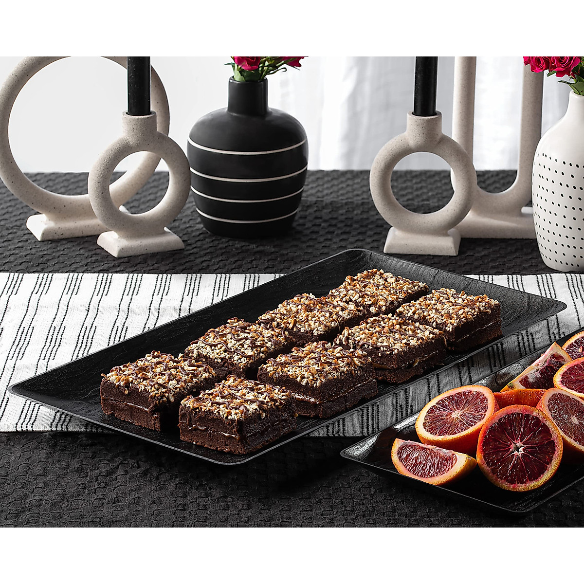 Plastic Serving Tray, Black Wood Pattern Party Platters, Disposable Premium Durable Plastic, 17" x 9" Rectangular Serving Tray, 5 Pack - Posh Setting