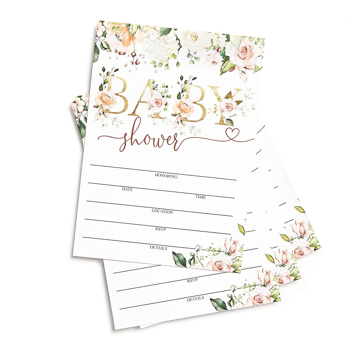 All Ewired Up Wildflower Baby Shower Invitations for Girl with Envelopes, 25 Invites, Diaper Raffle Tickets, Baby Shower Book Request Cards - Watercolor Gold Blush Greenery (Large Size 5X7”)