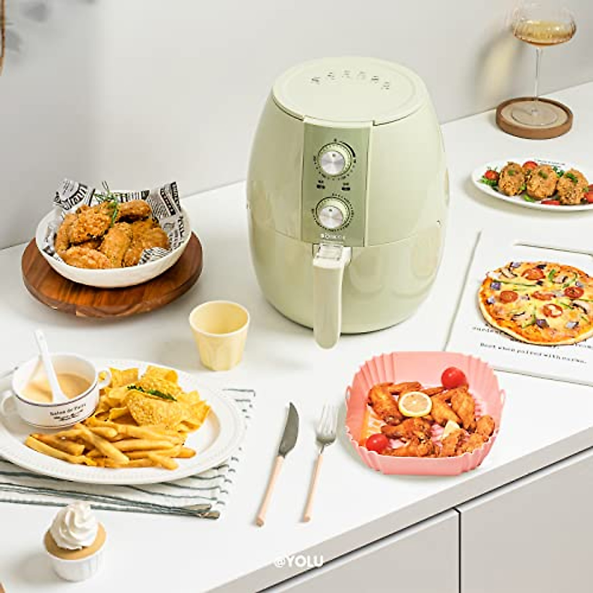 2 Pcs Air Fryer Square Silicone Liners, 8 inch for 4 to 7QT Reusable Silicone Pot for Air Fryer Basket Easy Clean or Oven Microwave Air Fryer Accessories Basket (Grey+Pink)