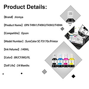 Aomya T49 Ink Compatible Epsn 4×140ml Refill Ink Bottle Replacement T49H1/T49H2/T49H3/T49H4 for Epsn SureColor SC-T3170x Printer