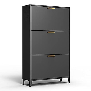 Lin-Utrend Shoe Cabinet with Adjustable Shelves Freestanding Shoe Storage Cabinet with 3 Flip Drawers Bucket,Shoe Cabinet for Entryway, Shoe Organizer Cabinet for Entryway Hallway Bedroom (Black)