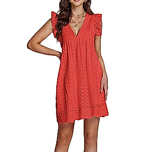 LYANER Women's Elegant Eyelet V Neck Ruffle Cap Sleeve Tank Babydoll A Line Mini Dress Red Medium