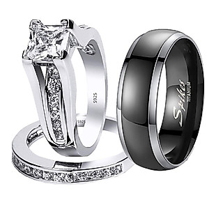 MABELLA His and Hers 3Pc Titanium Matching Band Pretty Women Princess Cut 925 Sterling Silver Wedding Ring Set Women's Size 10 Men's Size 9